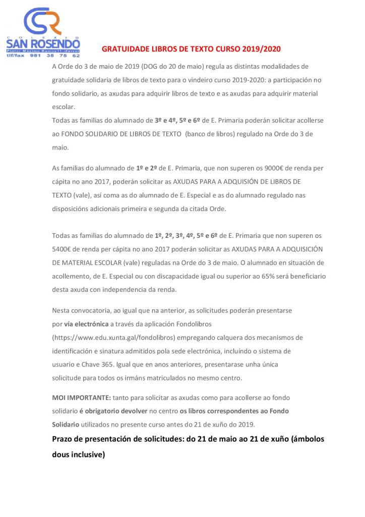 GRATUIDADE DE LIBROS DE TEXTO E MATERIAL ESCOLAR | Colegio San Rosendo
