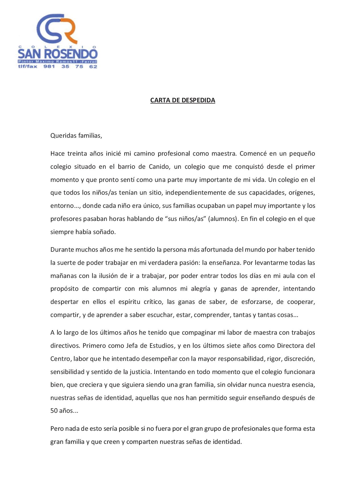 CARTA DESPEDIDA DIRECTORA DEL CENTRO | Colegio San Rosendo